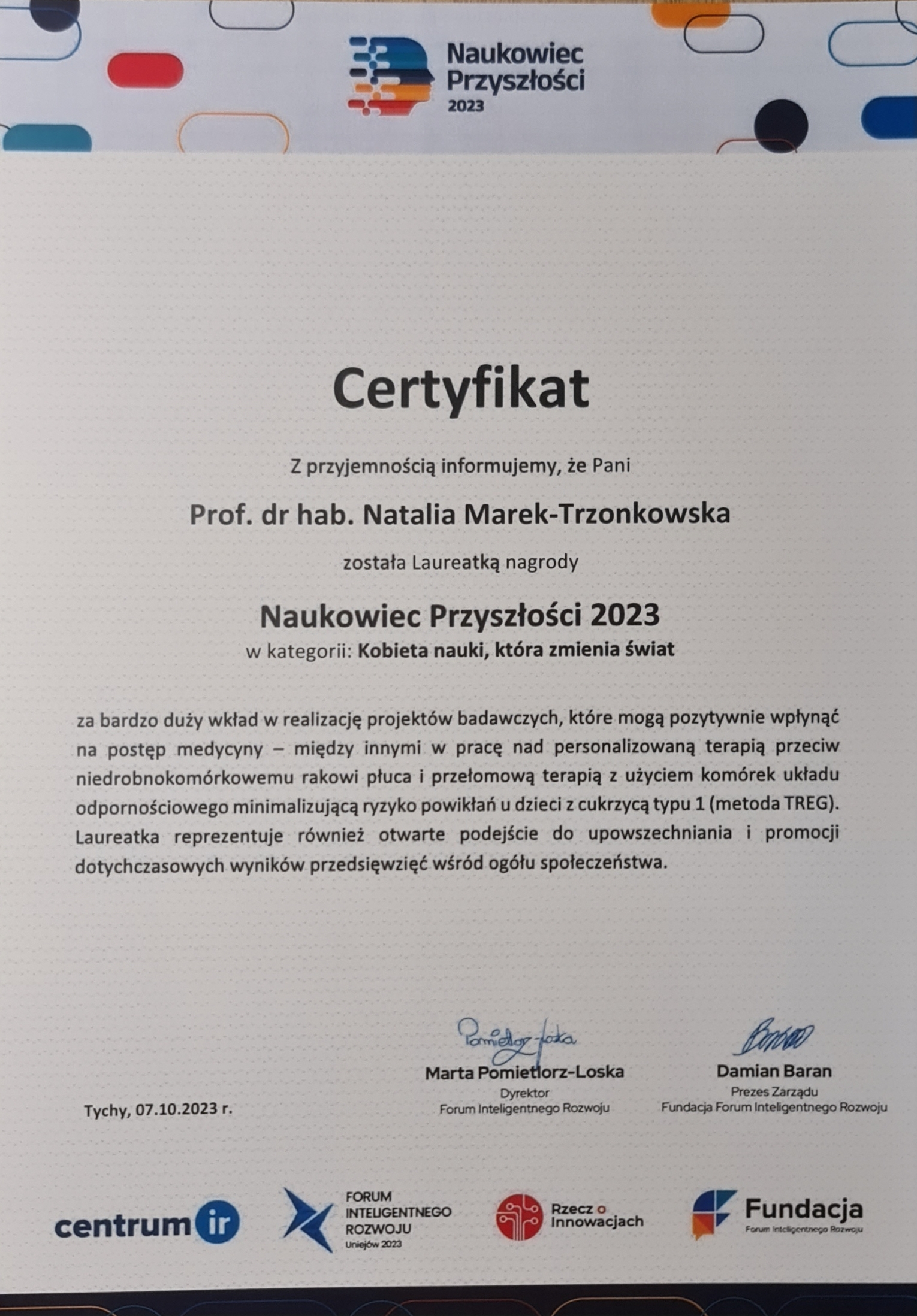 Future Scientist Award for prof. Natalia Marek-Trzonkowska - ICCVS